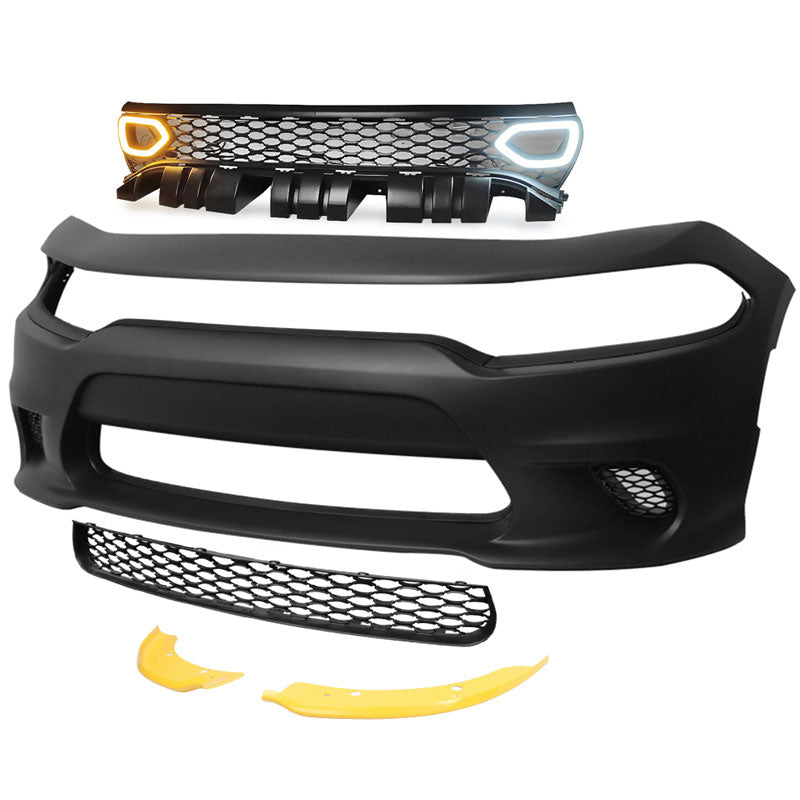 15-19 Dodge Charger Front Bumper Cover + Splitter Guards + Grille w/ L ...