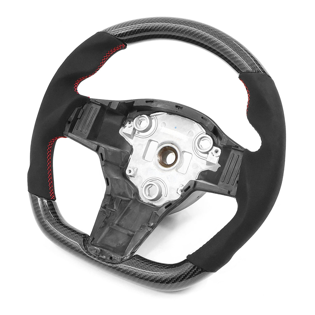 17-23 Tesla Model 3 & Y Carbon Fiber Steering Wheel Alcantara W/ Red S ...